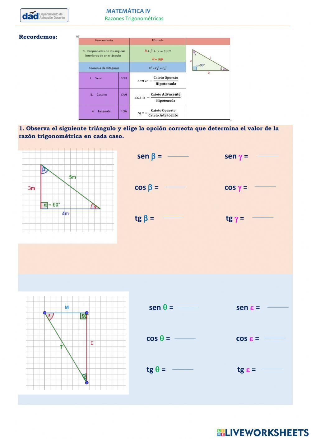 Reconocimiento Razones Trigonométricas Worksheet Live Worksheets