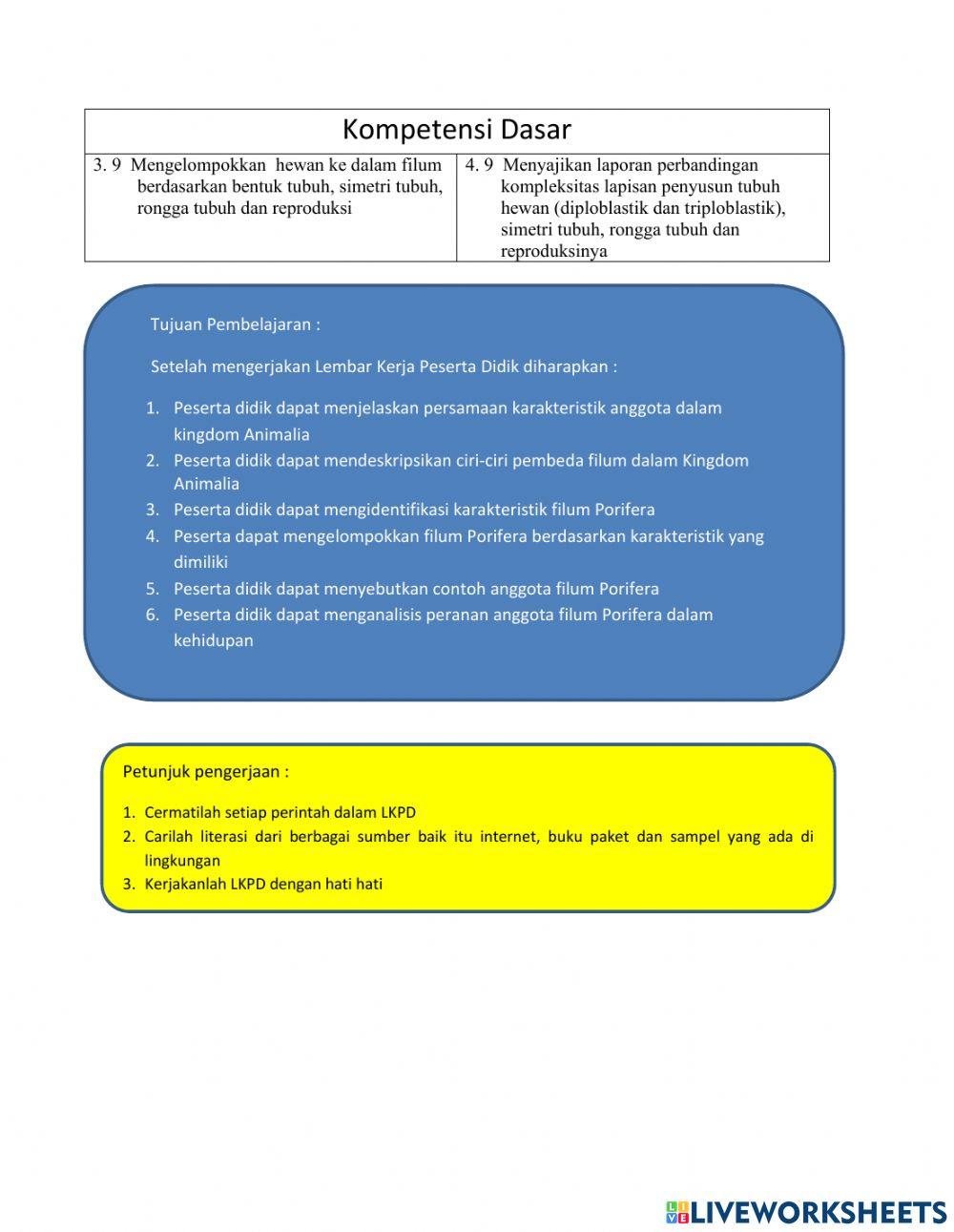 Lkpd porifera worksheet | Live Worksheets