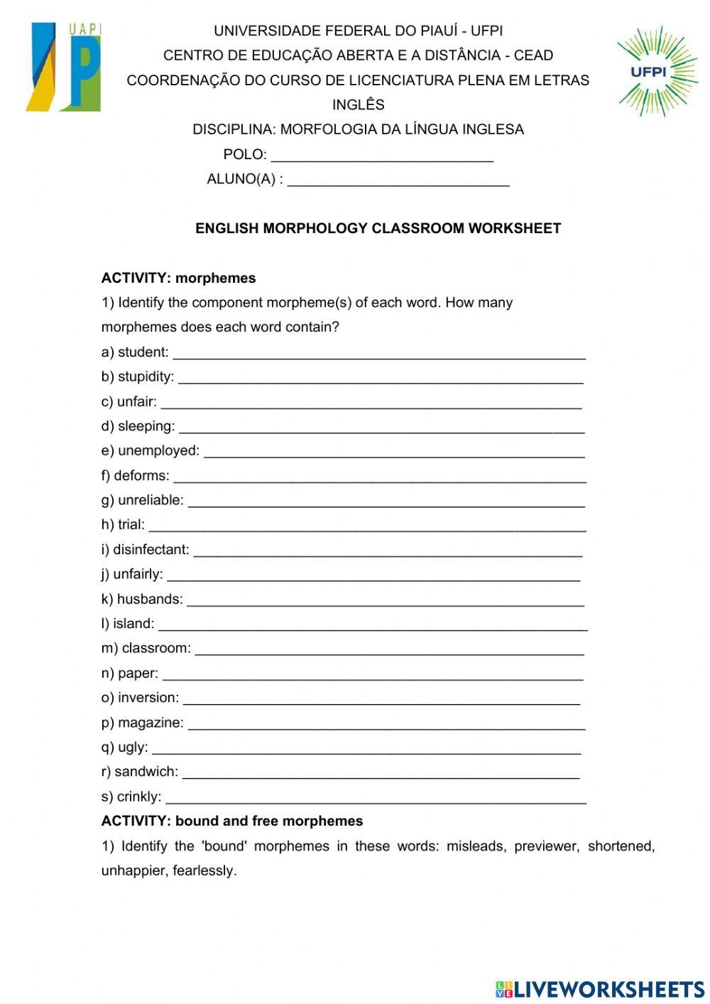 2947630 | English Morphology worksheet | Nilsonjr