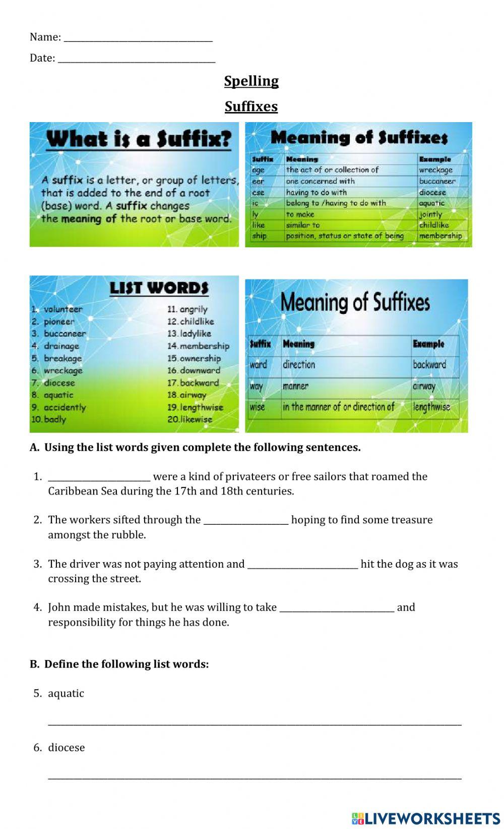 Suffixes online exercise for 4 - 6 | Live Worksheets