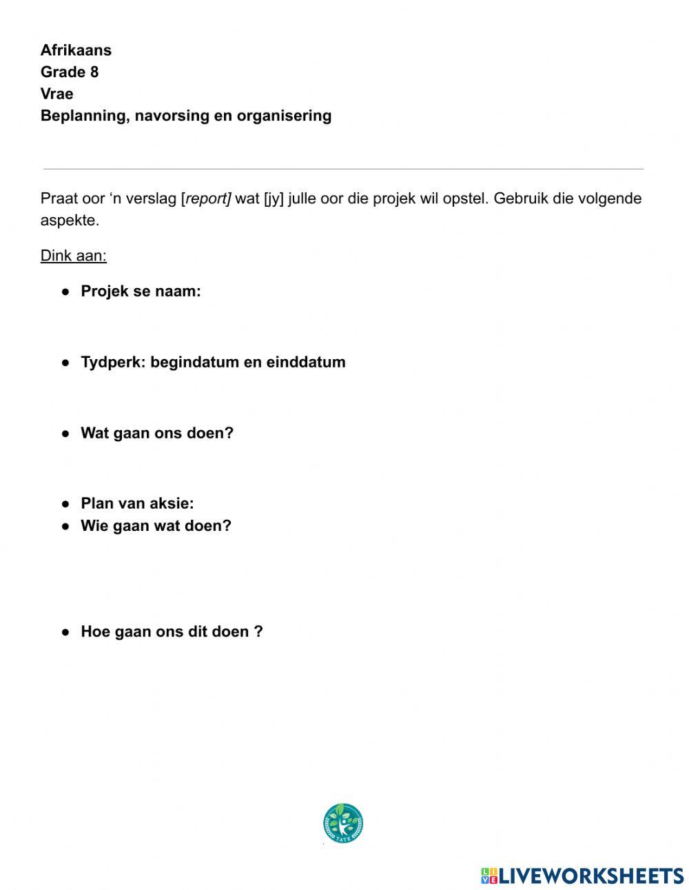 Beplanning vir Taak 963000 | esmarie | Live Worksheets