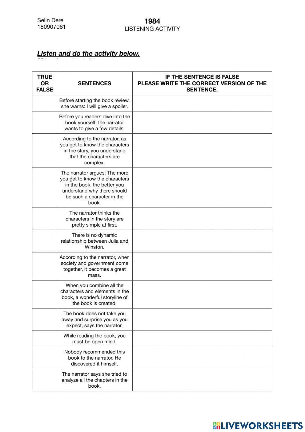 1984 listenin activity worksheet | Live Worksheets