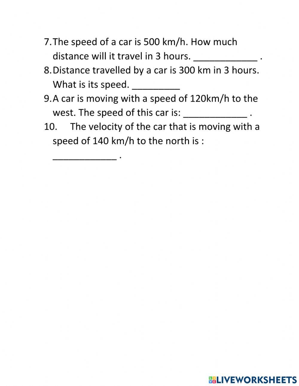 Speed and veloc… | Free Interactive Worksheets | 963529