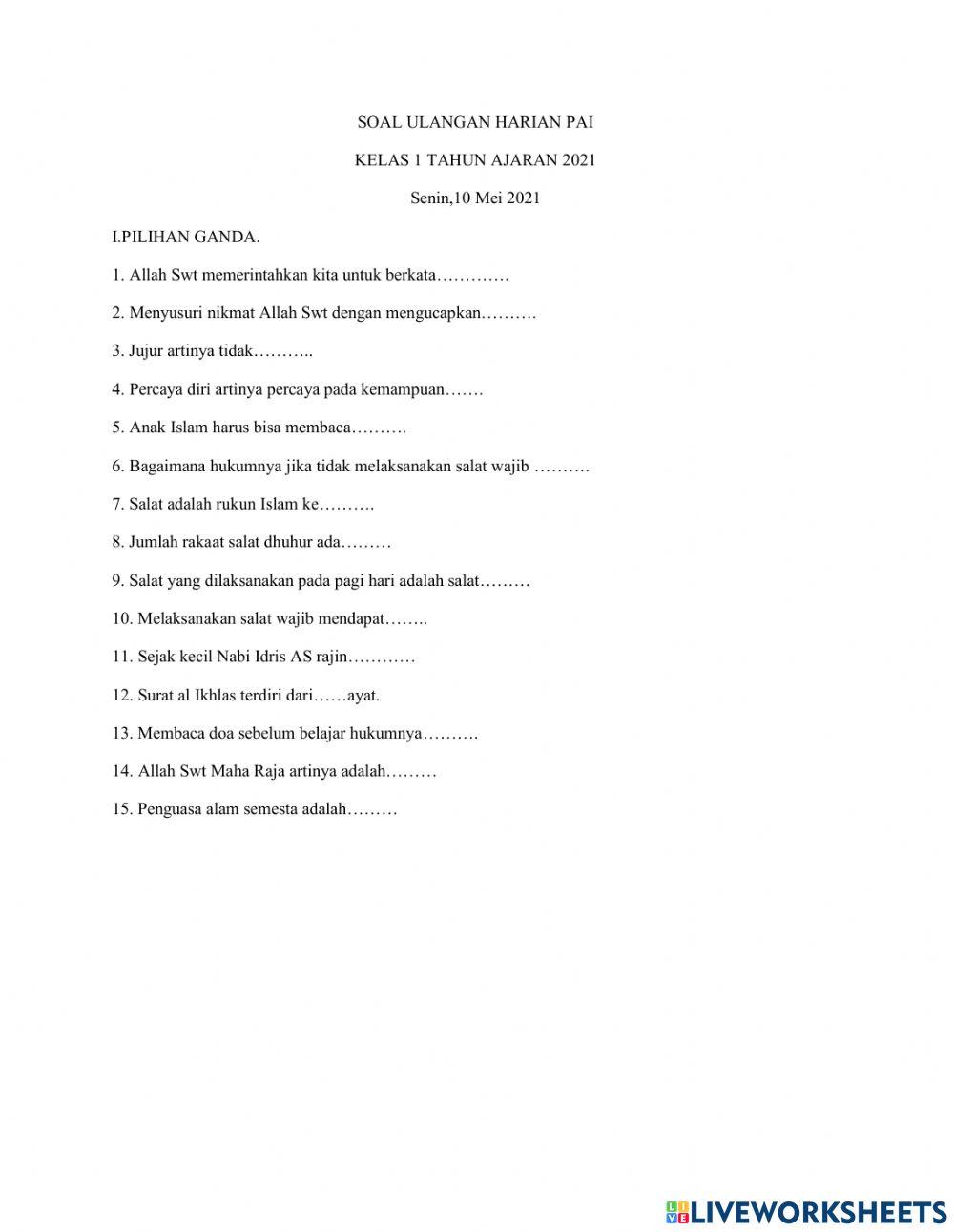 Pendidikan agama islam | Alfiahfia | Live Worksheets