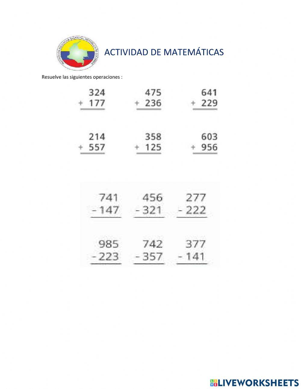 Sumas y restas llevando online activity | Live Worksheets