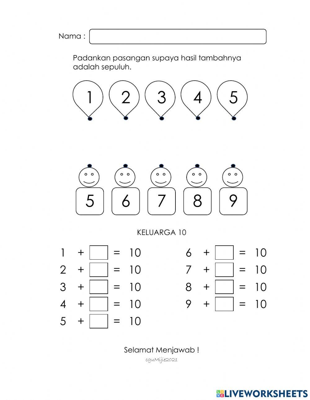 Tambah interactive worksheet for 1 | Live Worksheets