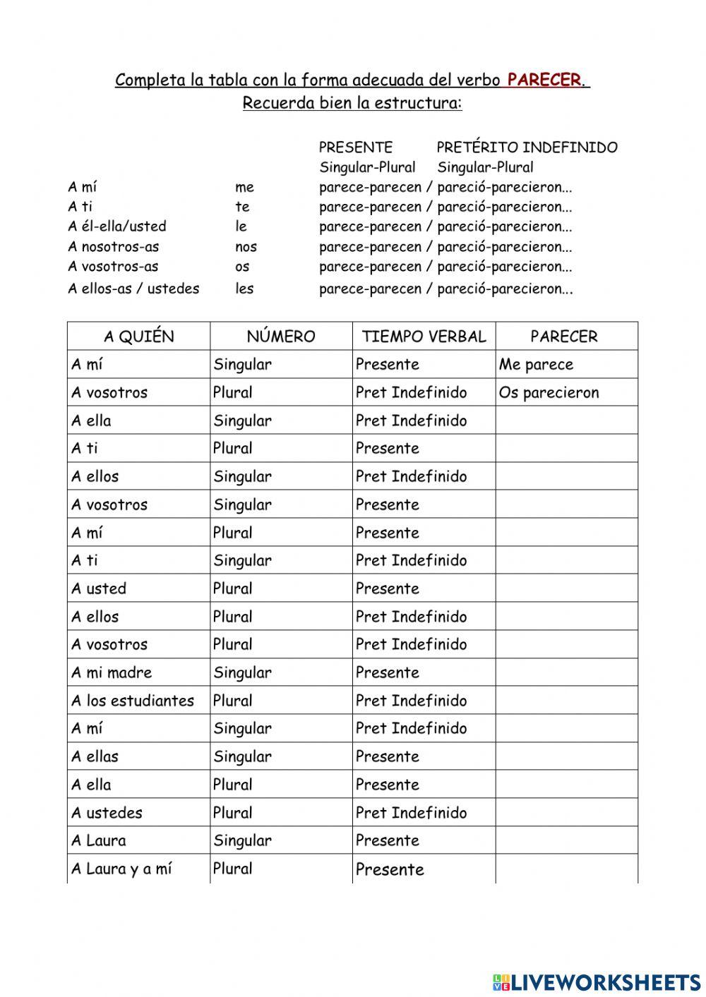 Verbo parecer | Free Interactive Worksheets | 987992