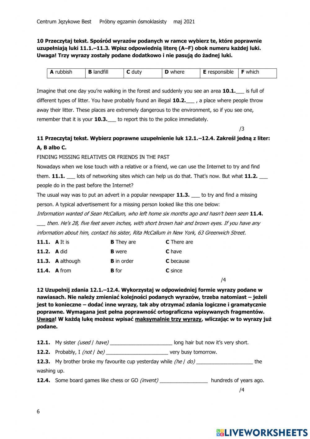 Mock exam exercise for 8 | Live Worksheets