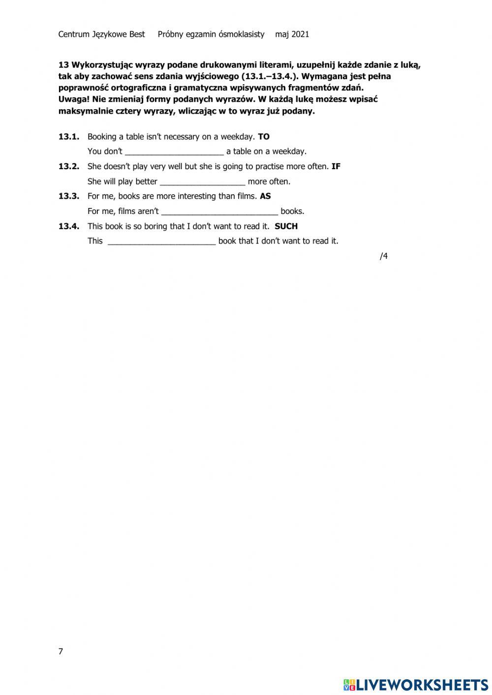 Mock exam exercise for 8 | Live Worksheets