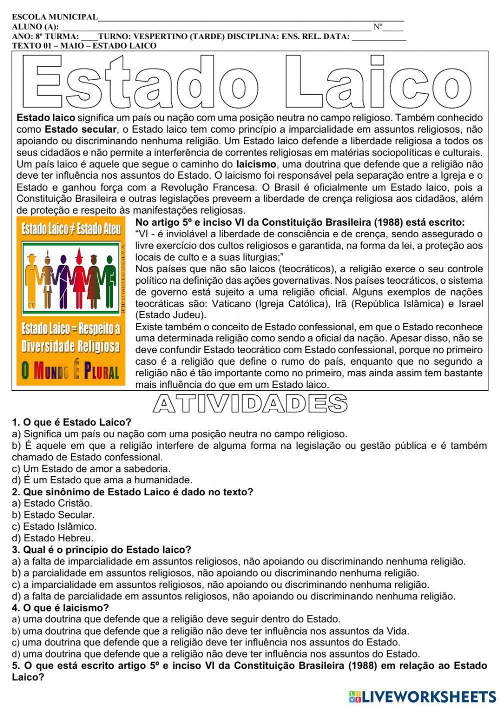 Estado laico | Free Interactive Worksheets | 988844