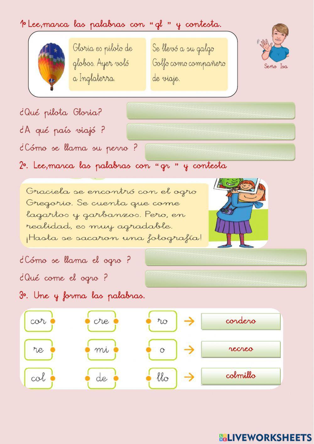 Palabras con gr y gl | icorpe68 | Live Worksheets