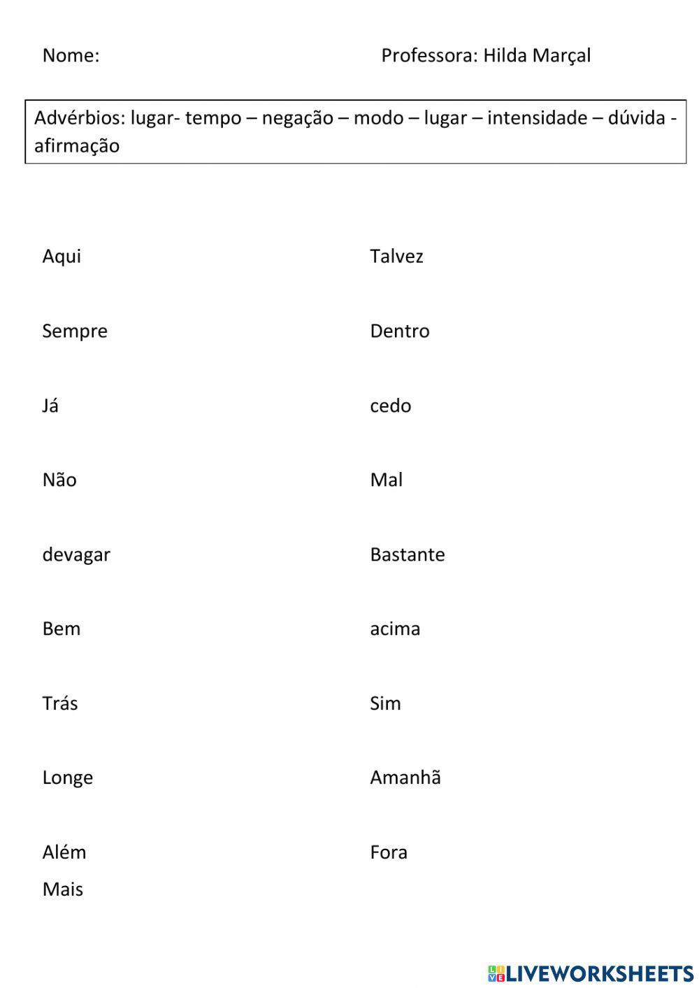 Advérbios worksheet for Fundamental 2 | Live Worksheets