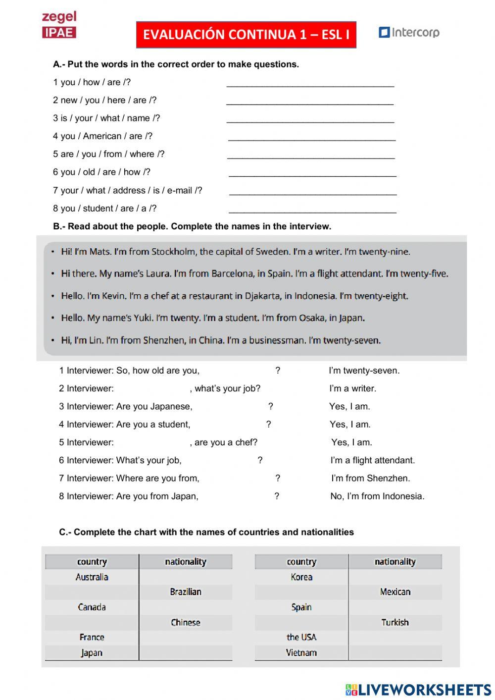 Esl i- 2021 worksheet | Live Worksheets