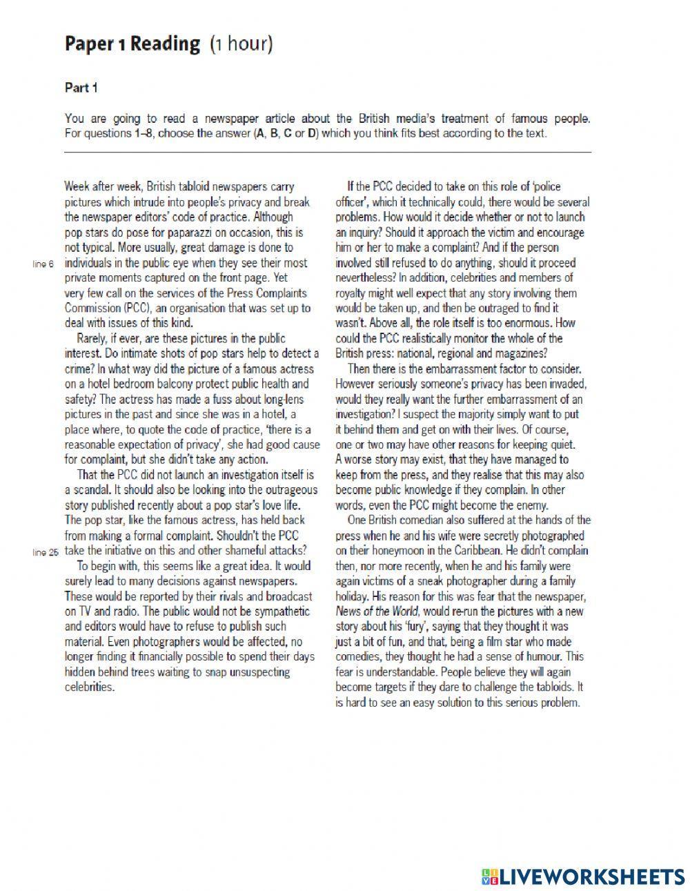 Reading fce test worksheet | Live Worksheets