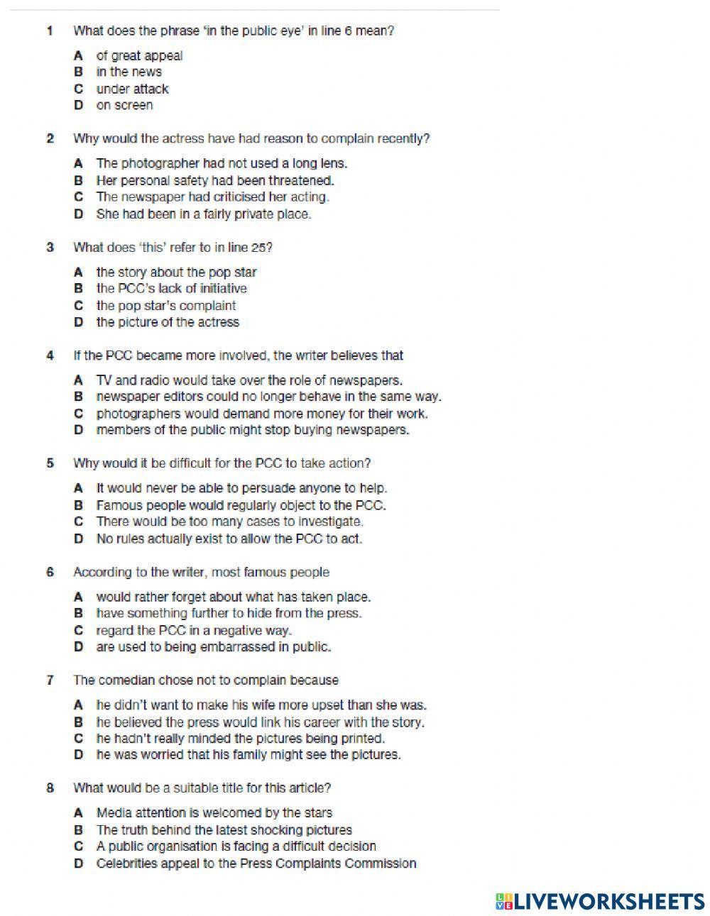 Reading fce test worksheet | Live Worksheets