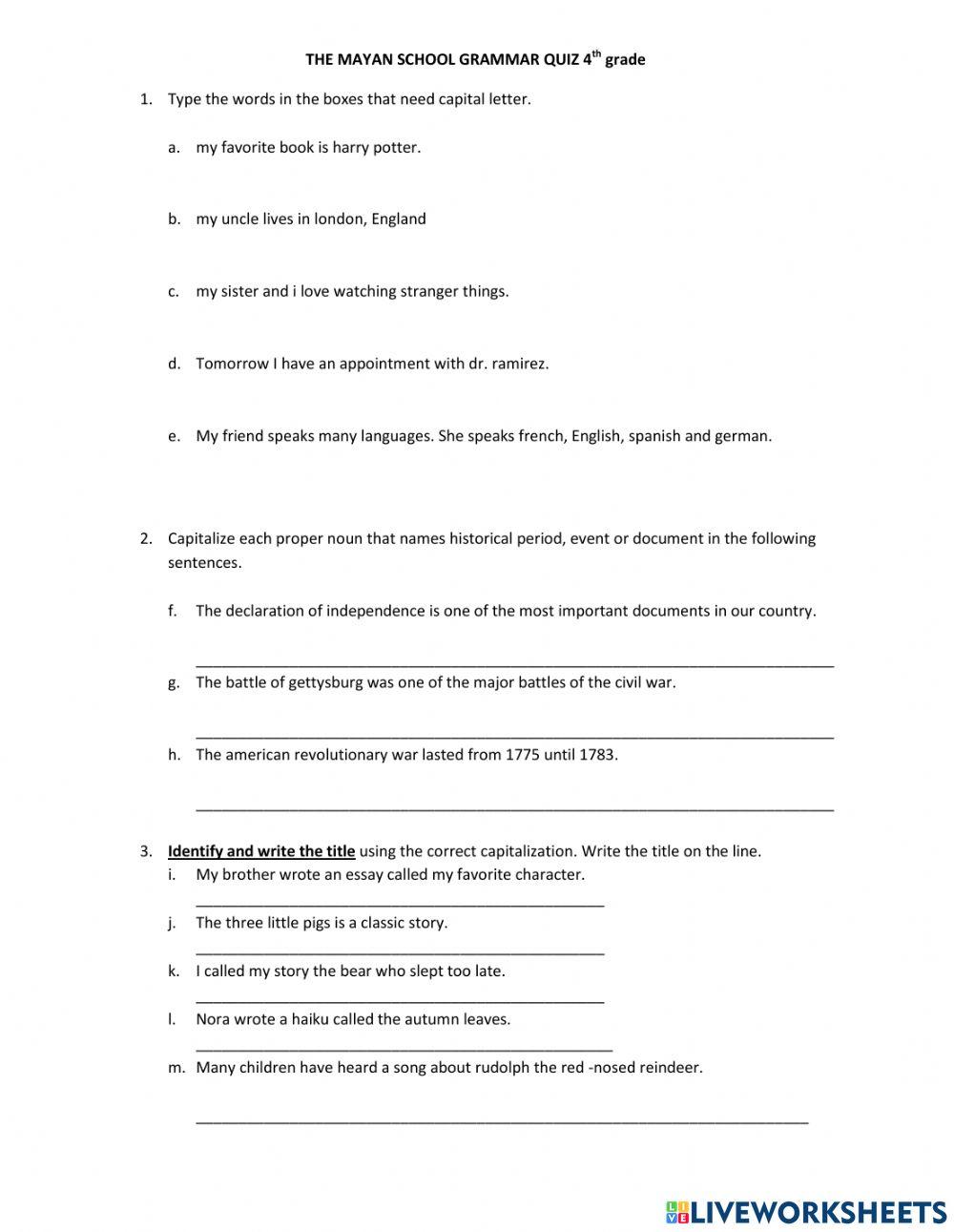Grammar Quiz 4th Partial- Capitalization Titles online exercise for ...