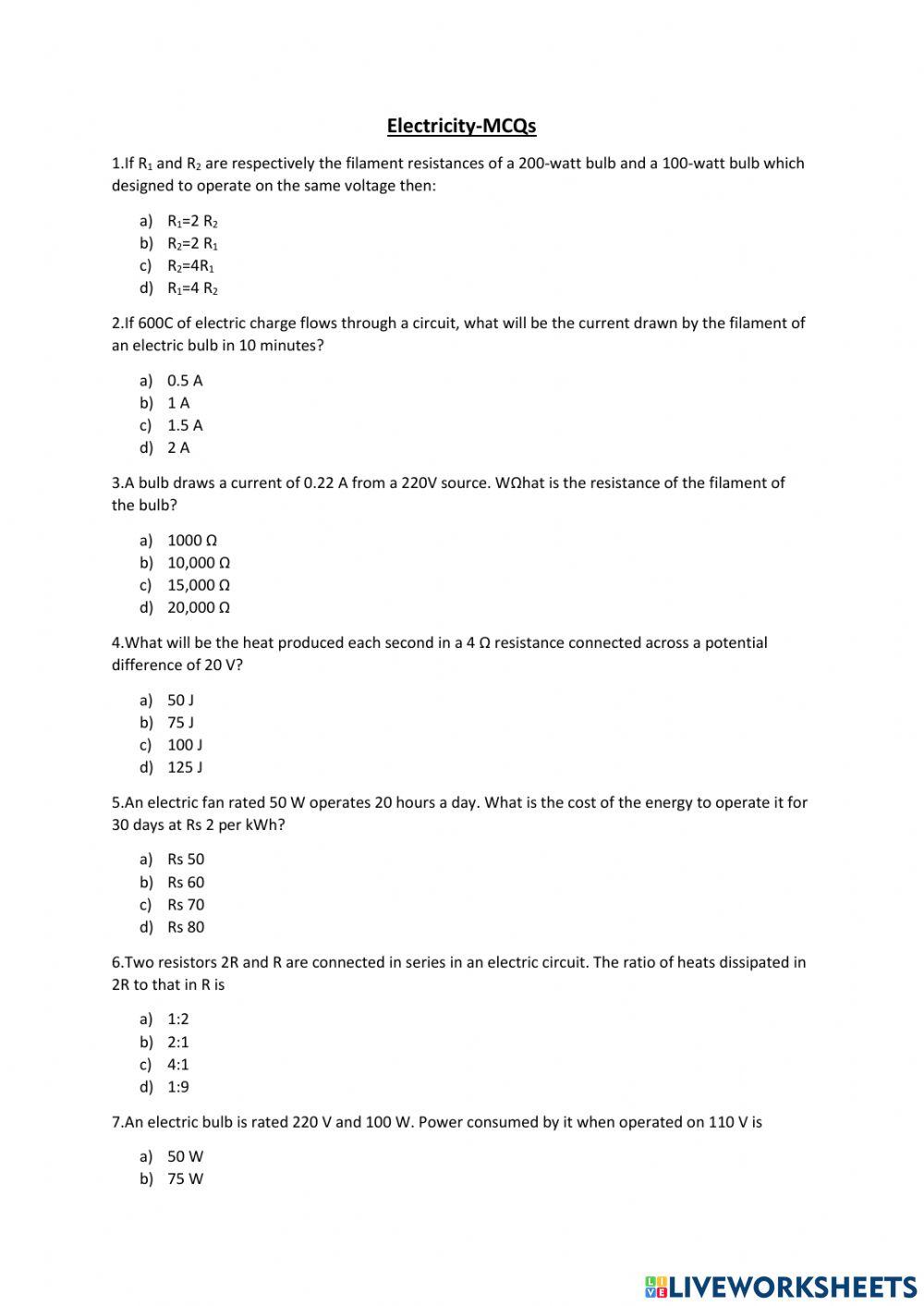 Electricity interactive worksheet for Grade 10 | Live Worksheets