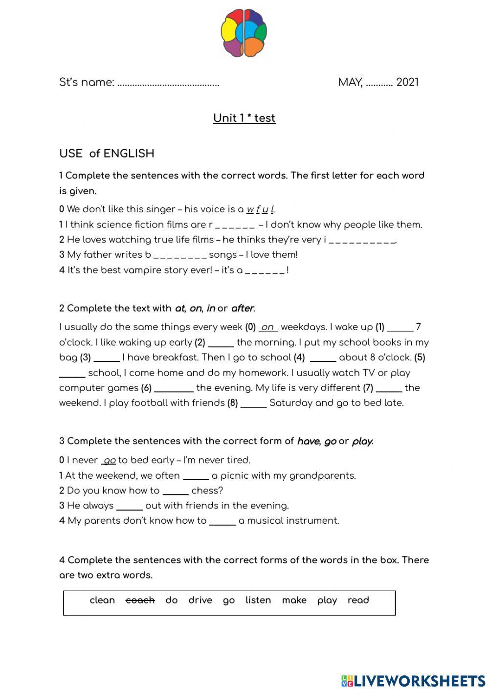 Teens a1 test u… | Free Interactive Worksheets | 990166