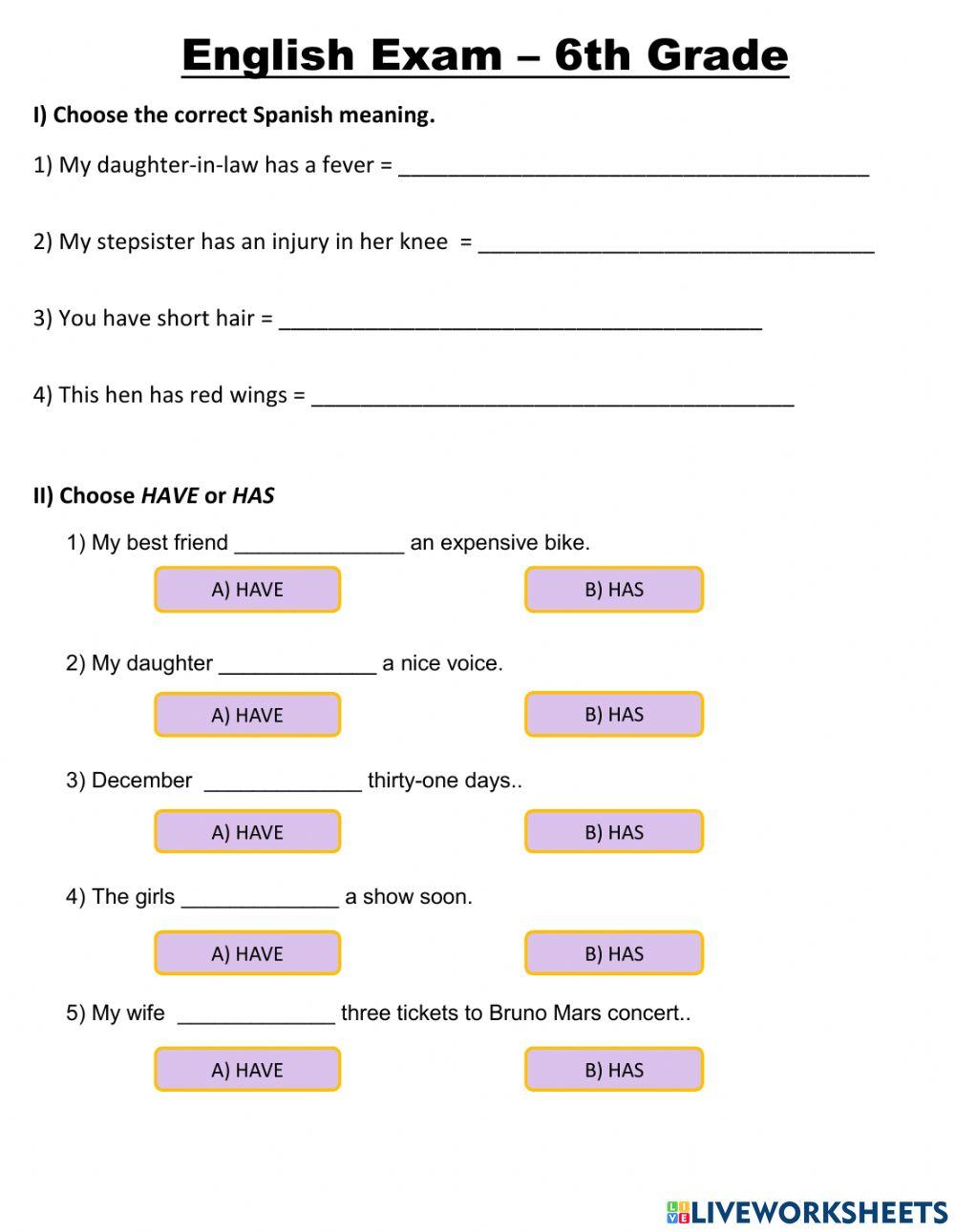 English Exam - 6th Grade interactive worksheet | Live Worksheets