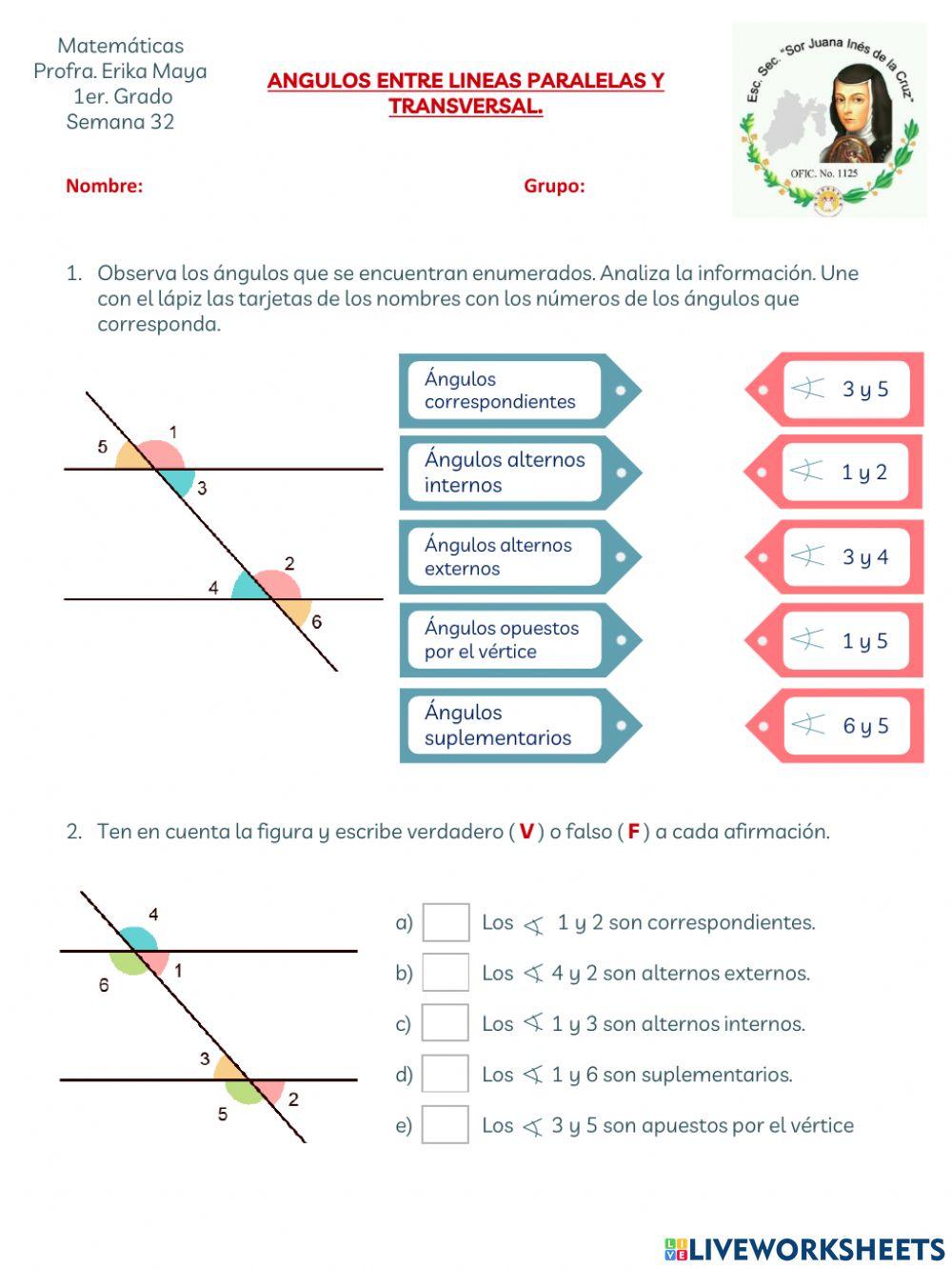Hoja De Trabajo De Transversales Y ángulos
