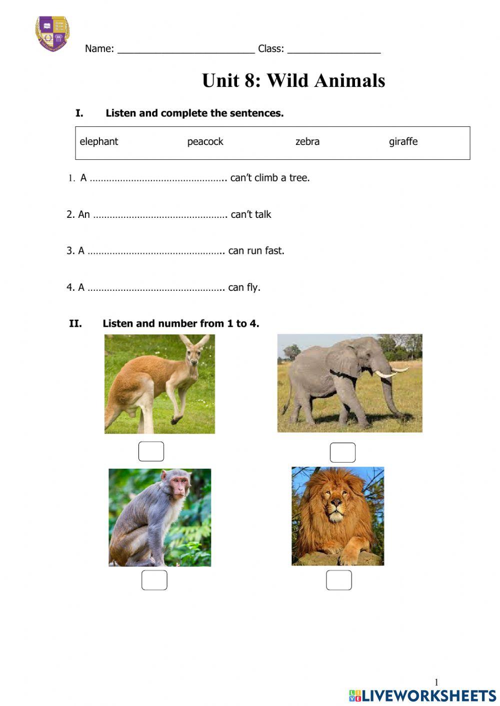Review unit 8: Wild Animals worksheet | Live Worksheets