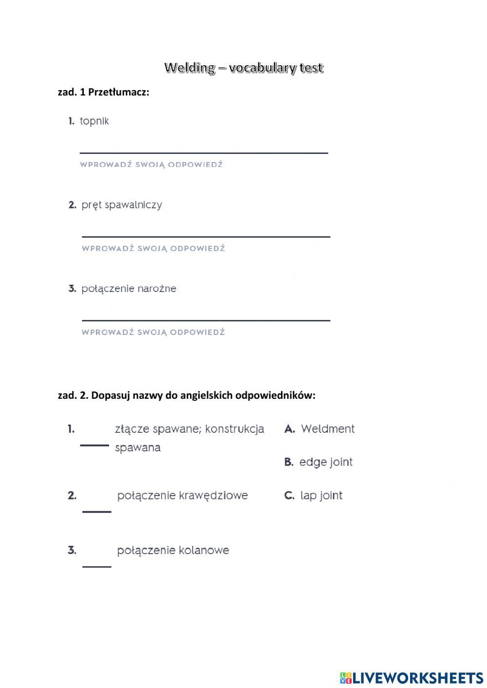 Welding | Free Interactive Worksheets | 990807
