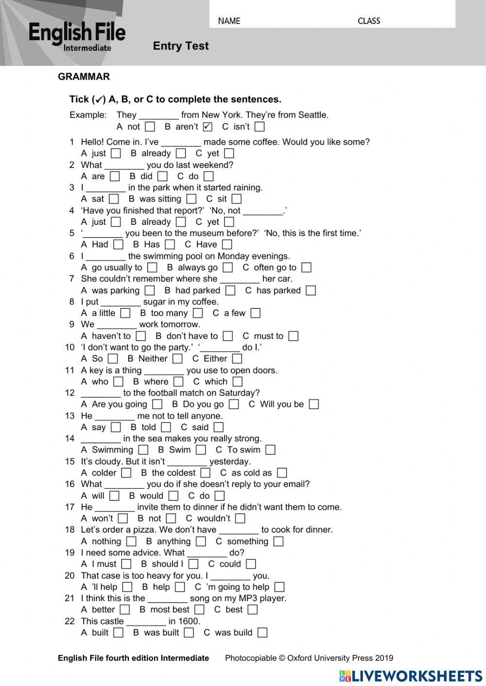 English File Placement Test Intermediate online exercise for | Live ...