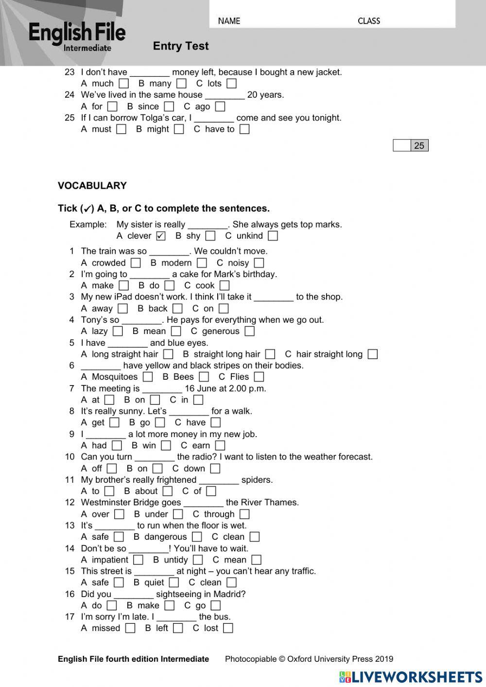 English File Placement Test Intermediate online exercise for | Live ...