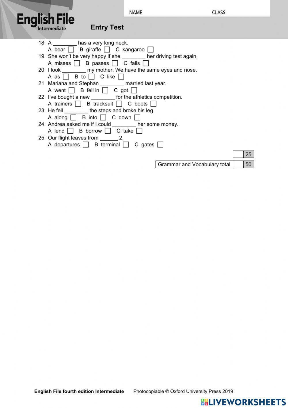 English File Placement Test Intermediate online exercise for | Live ...
