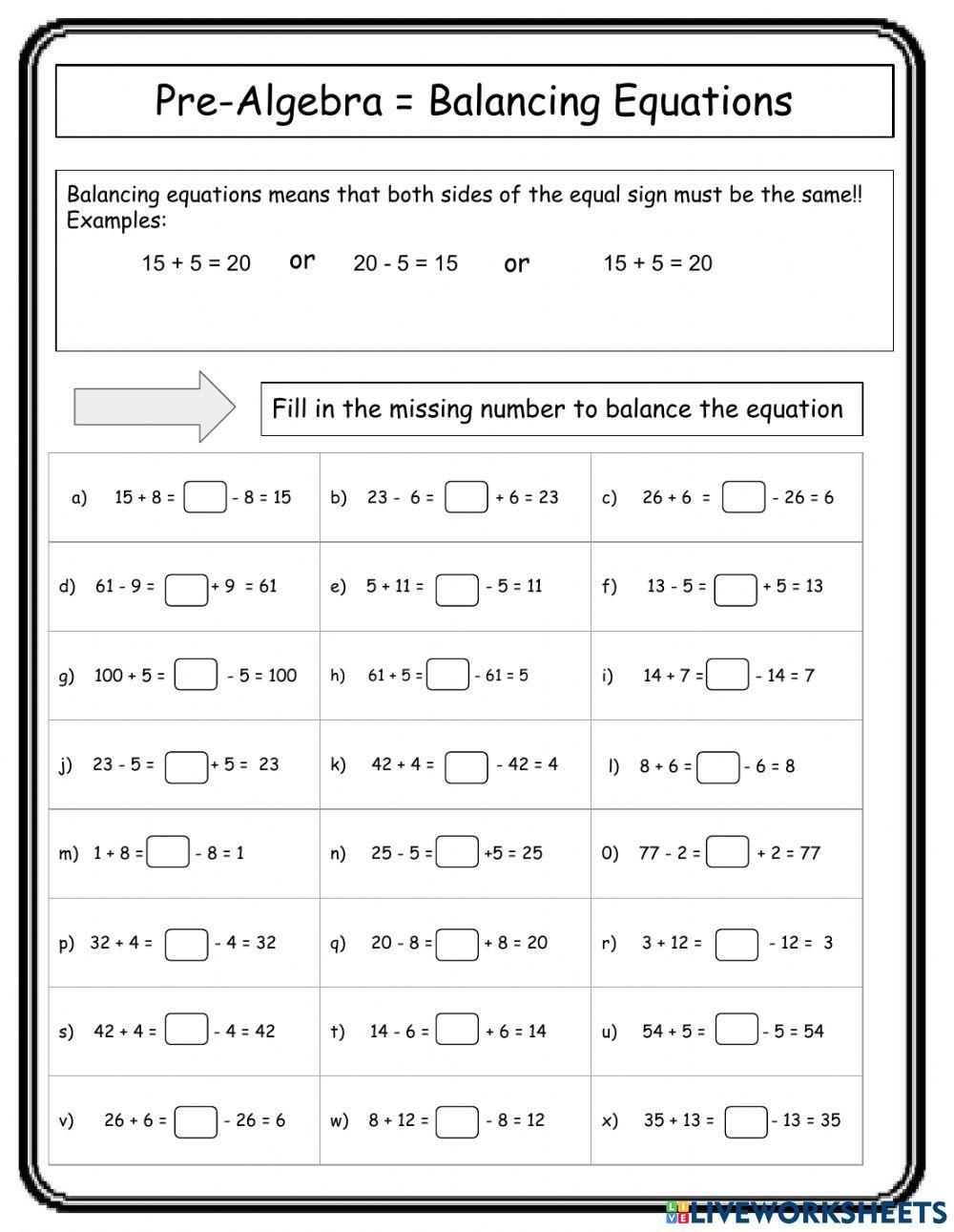 Pre Algebra Worksheets Equations