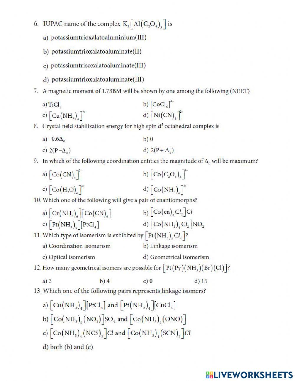 Tnscert 12th chemistry unit 5 coordination compounds worksheet | Live ...