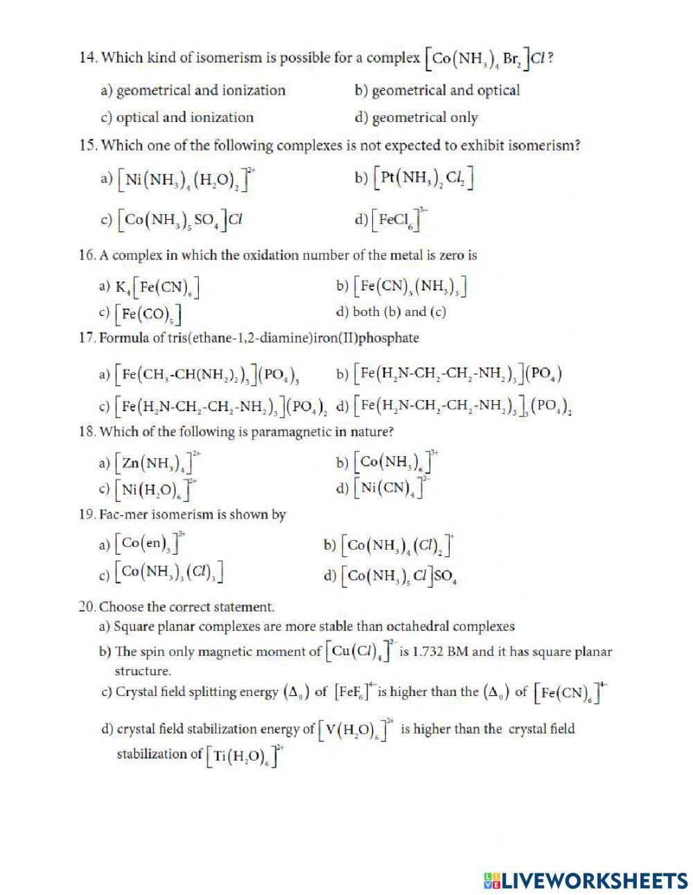 Tnscert 12th chemistry unit 5 coordination compounds worksheet | Live ...