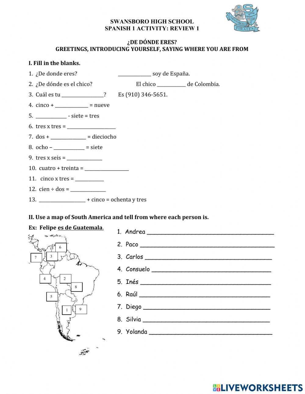 Spanish Worksheets For Middle School Numbers