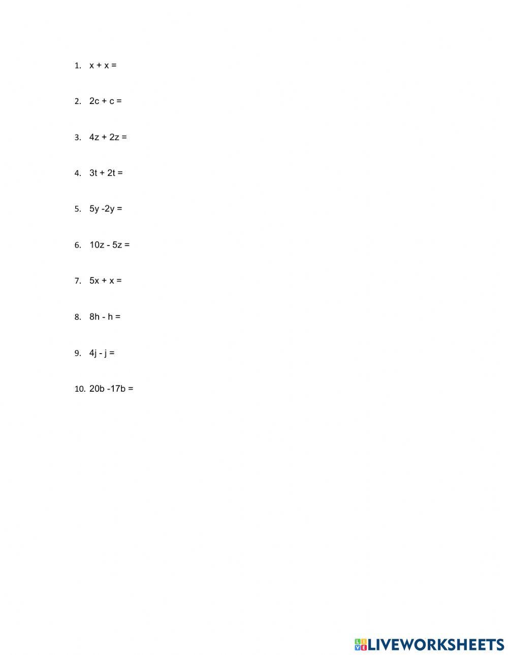 Combining Like Terms (Variables) worksheet | Live Worksheets