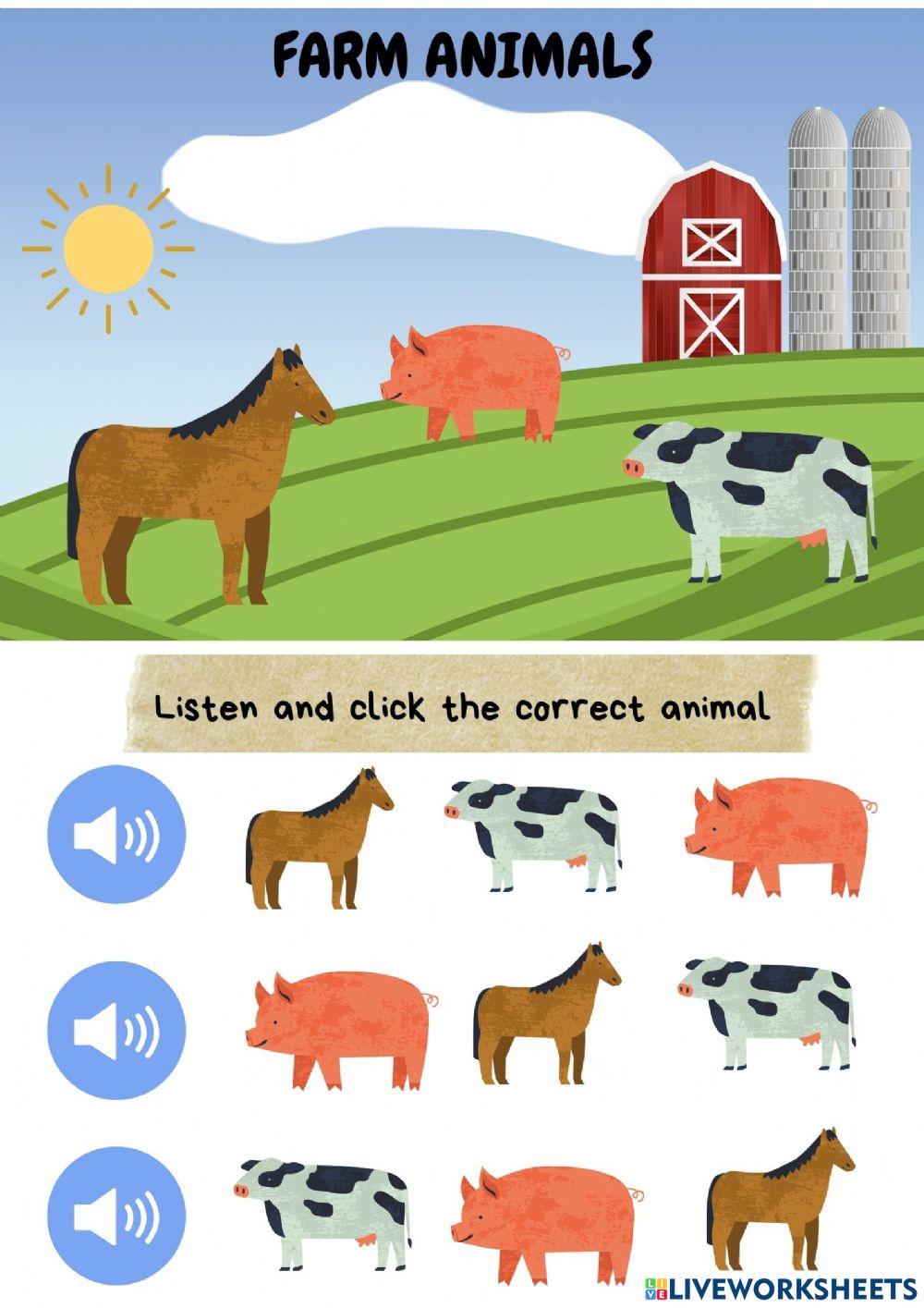 Farm animals online exercise for kinder | Live Worksheets