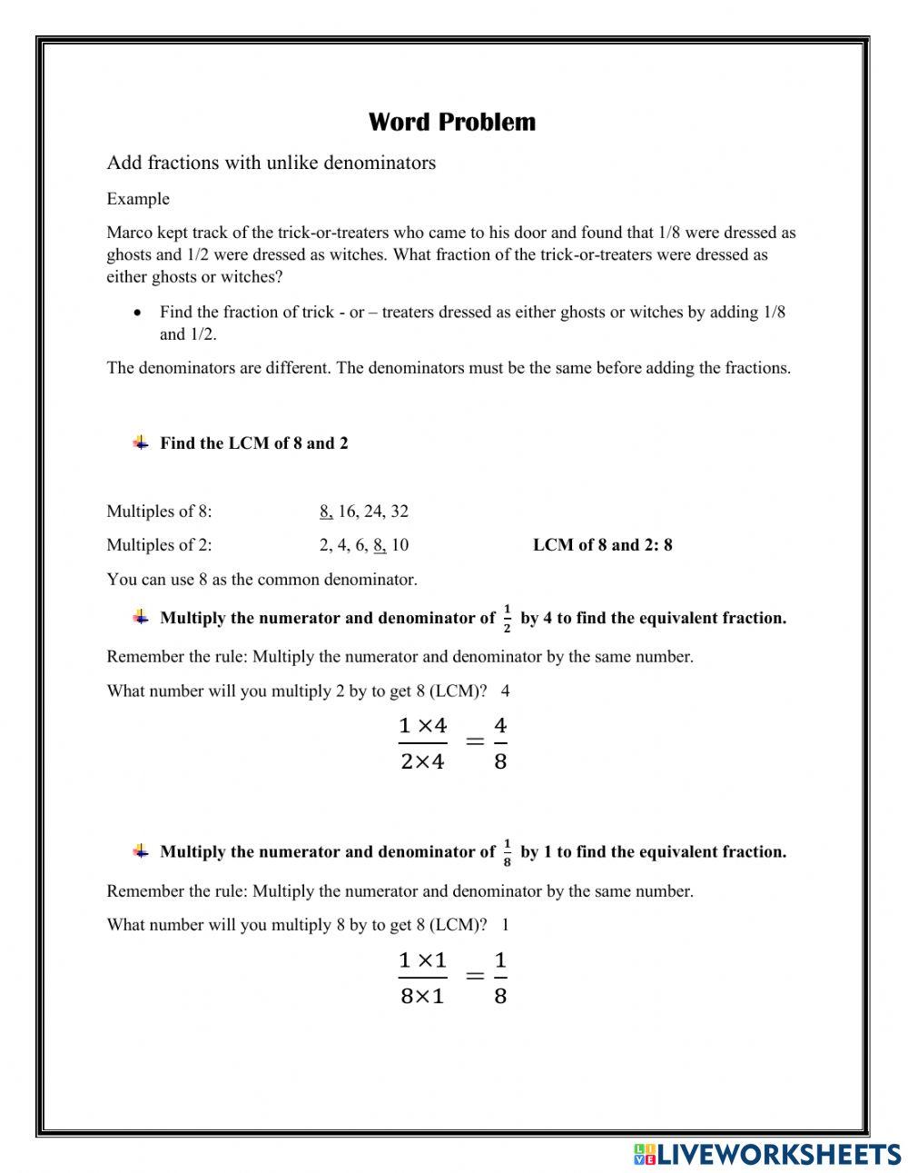 Problem solving - Add fractions with unlike denominators online ...