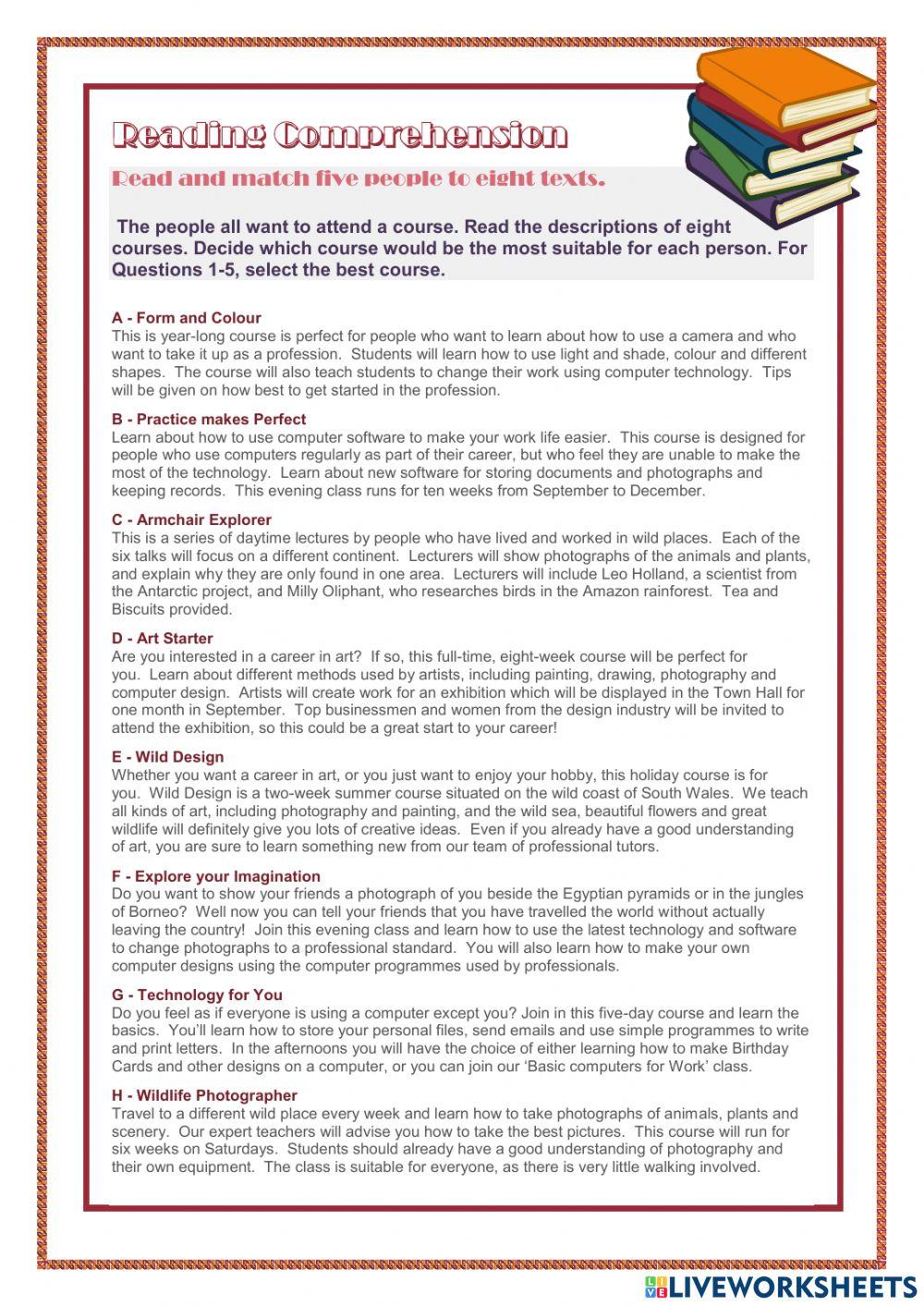 Reading comprehension online exercise for intermediate | Live Worksheets