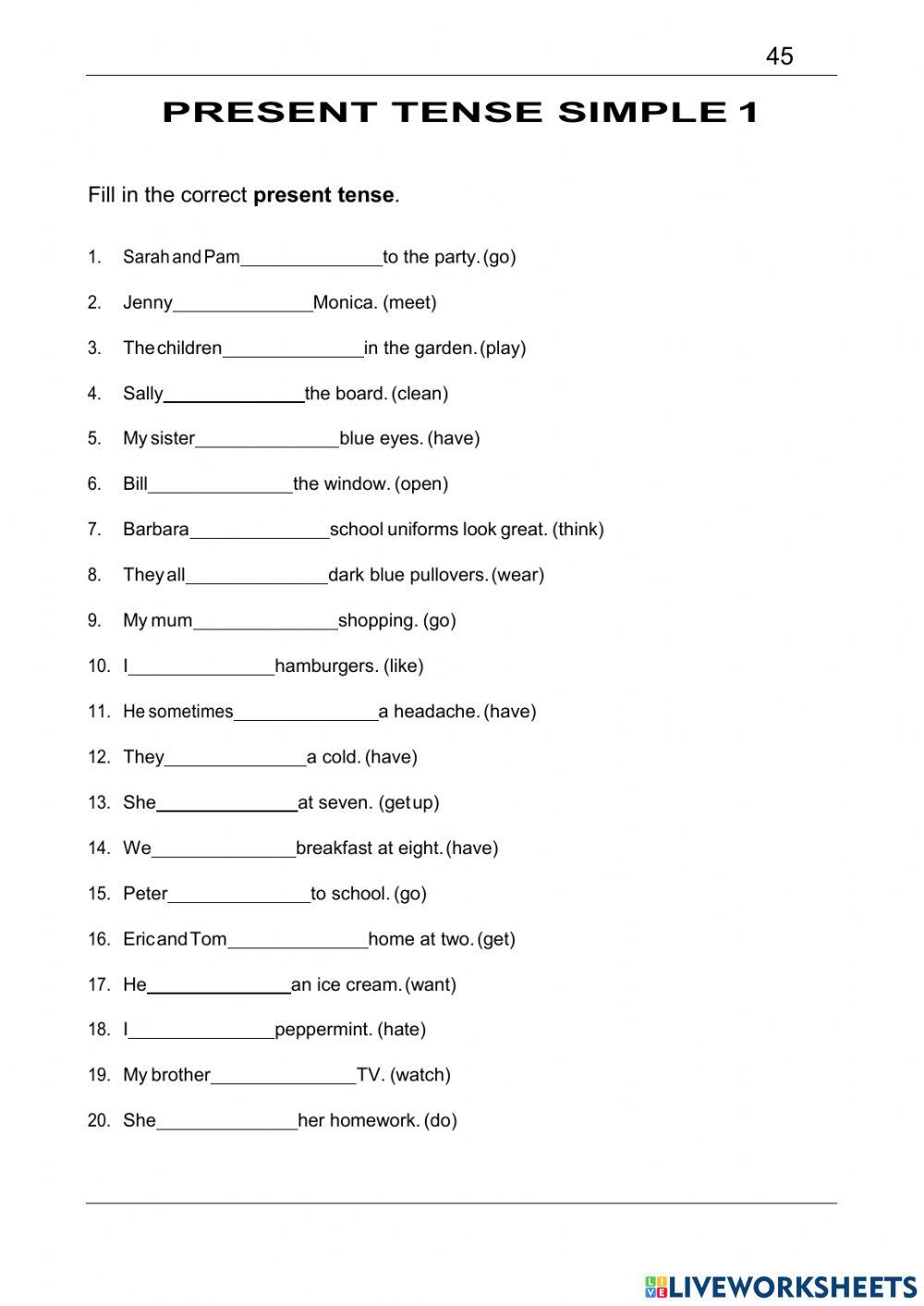 Present tense simple 1 worksheet | Live Worksheets