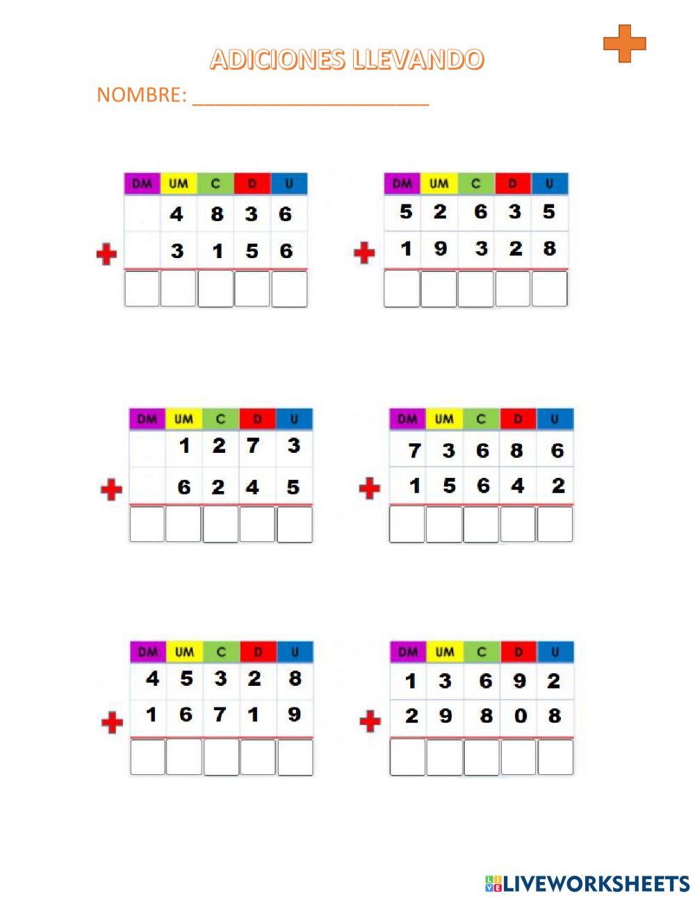 Adiciones de llevando worksheet | Live Worksheets