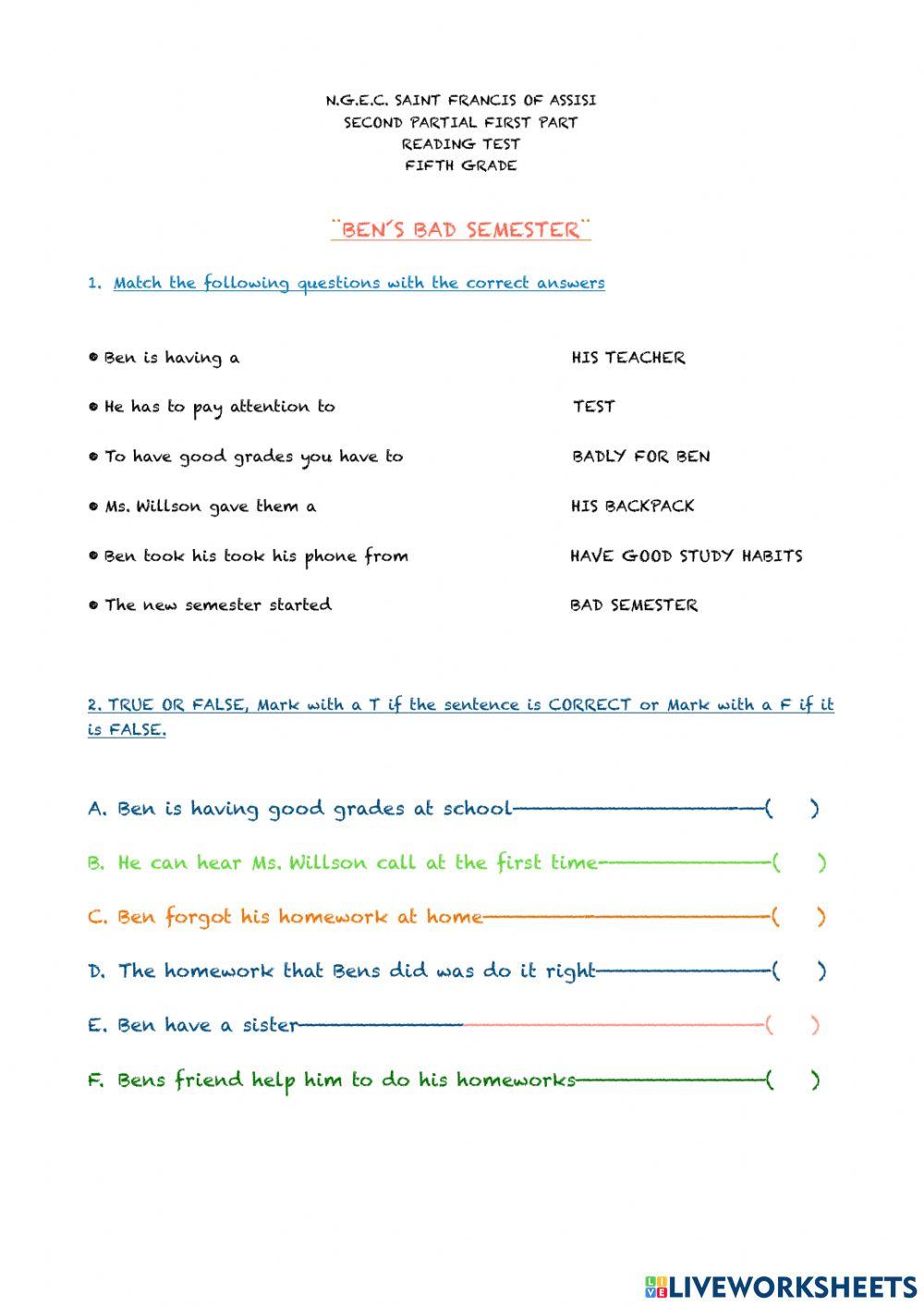 Ben-s bad semes… | Free Interactive Worksheets | 996283