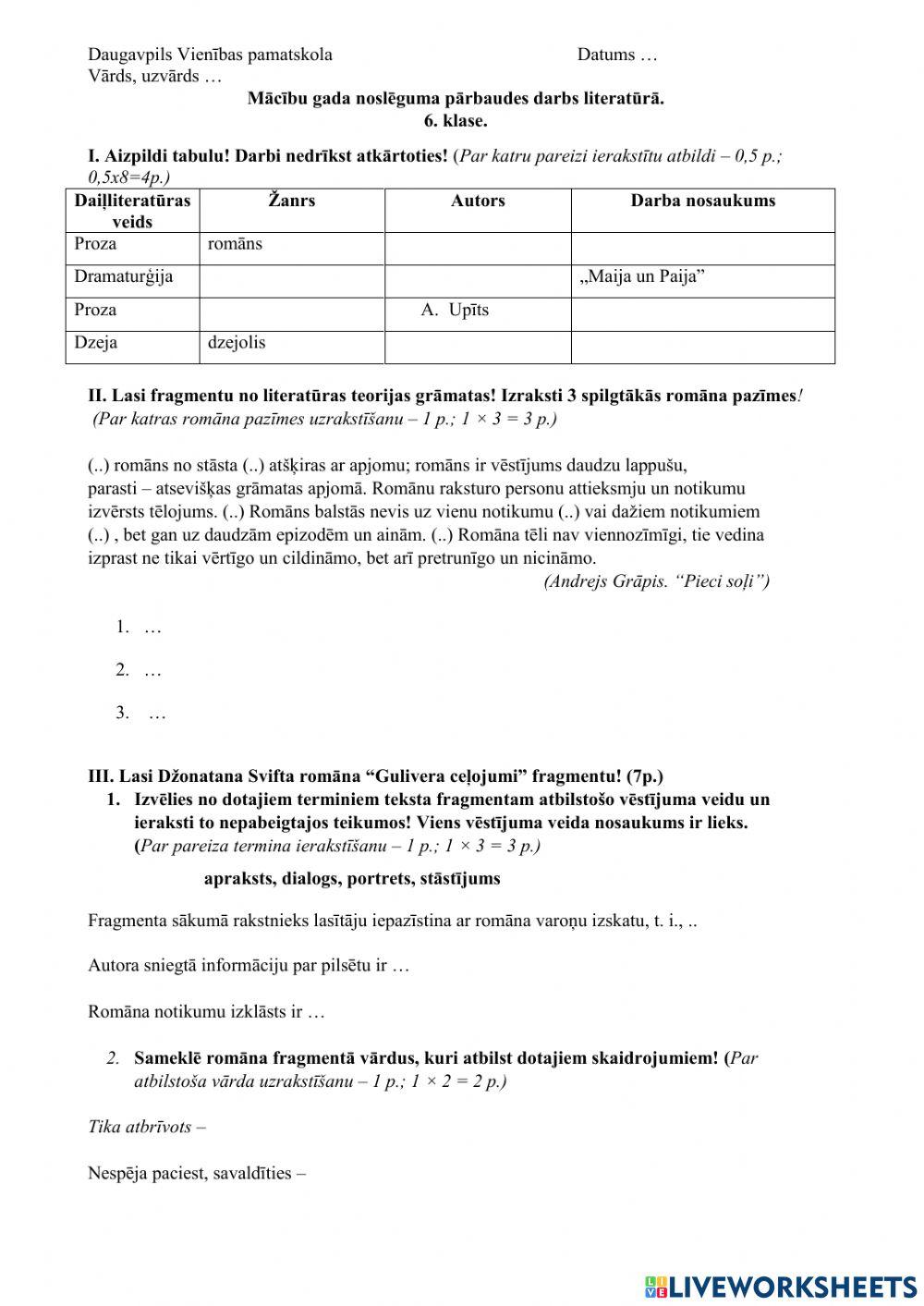 Mācību gada noslēguma pārbaudes darbs literatūrā. 6.