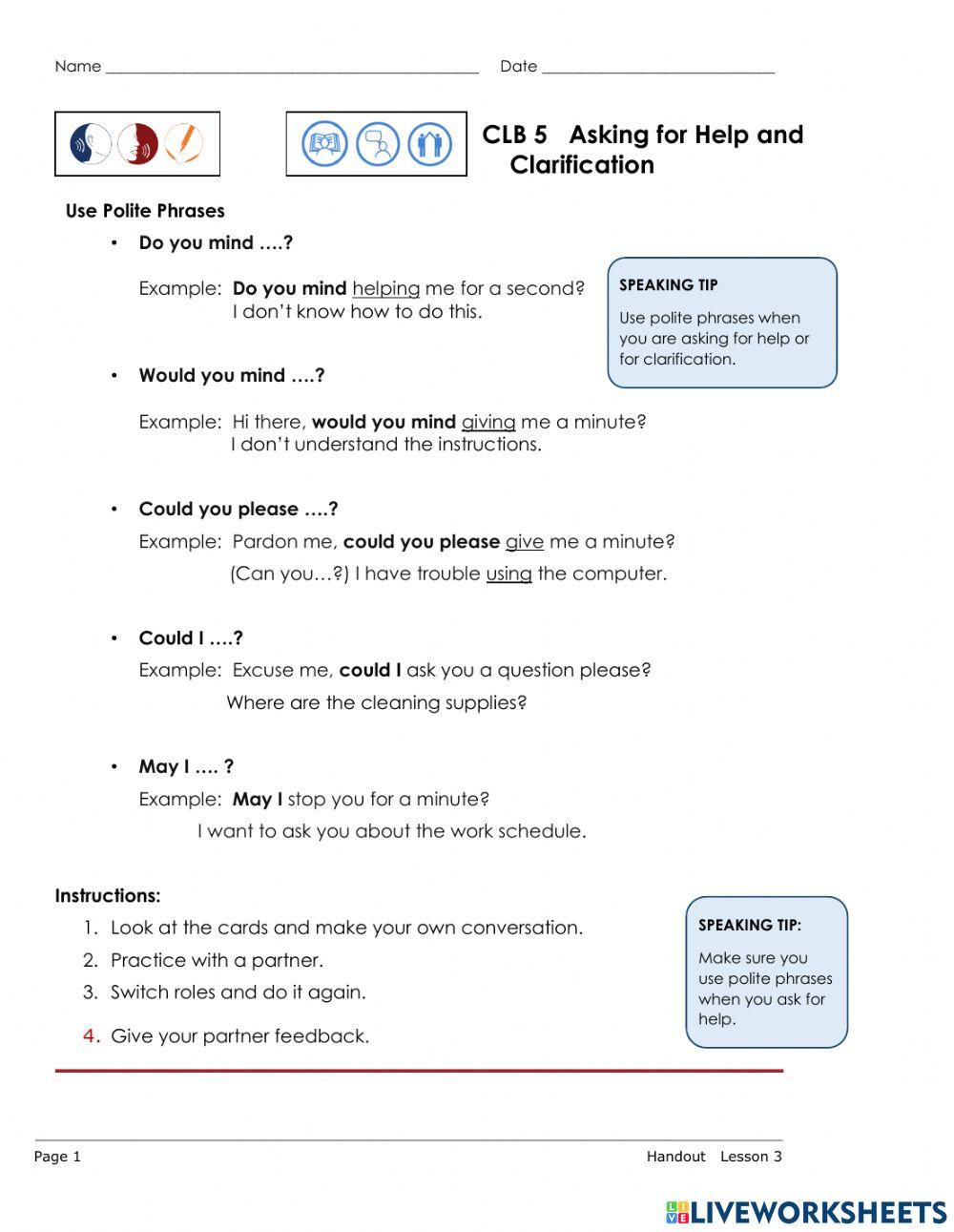 Speaking-Writing Exercise - Asking for Help DIALOGUES