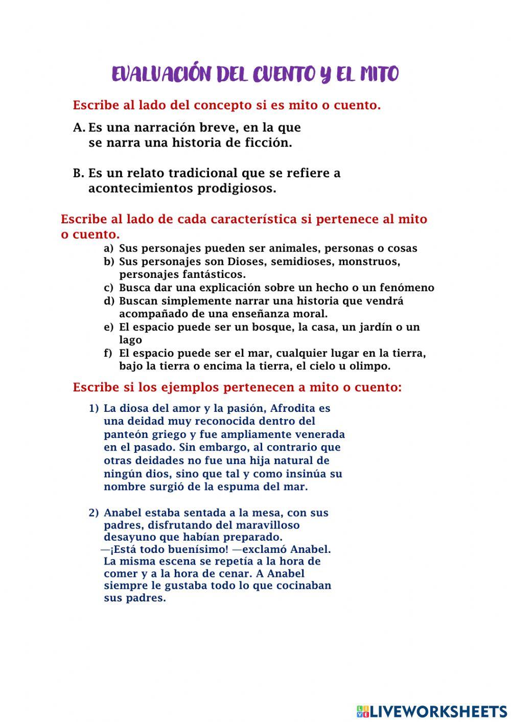 El mito y el cuento worksheet | Live Worksheets