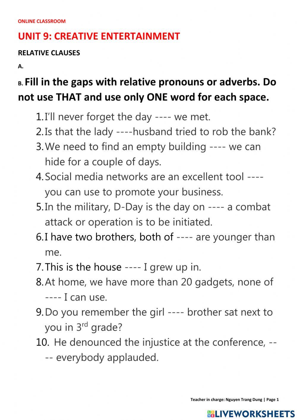 Relative clause - Task B online exercise for | Live Worksheets