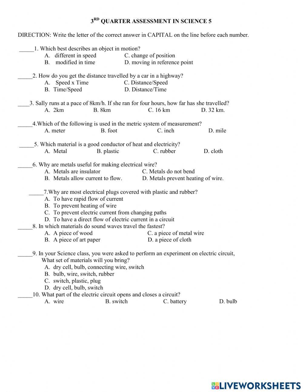 3rd Quarter Assessment worksheet | Live Worksheets