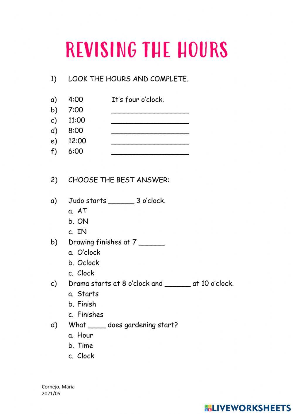 Revising hours worksheet | Live Worksheets
