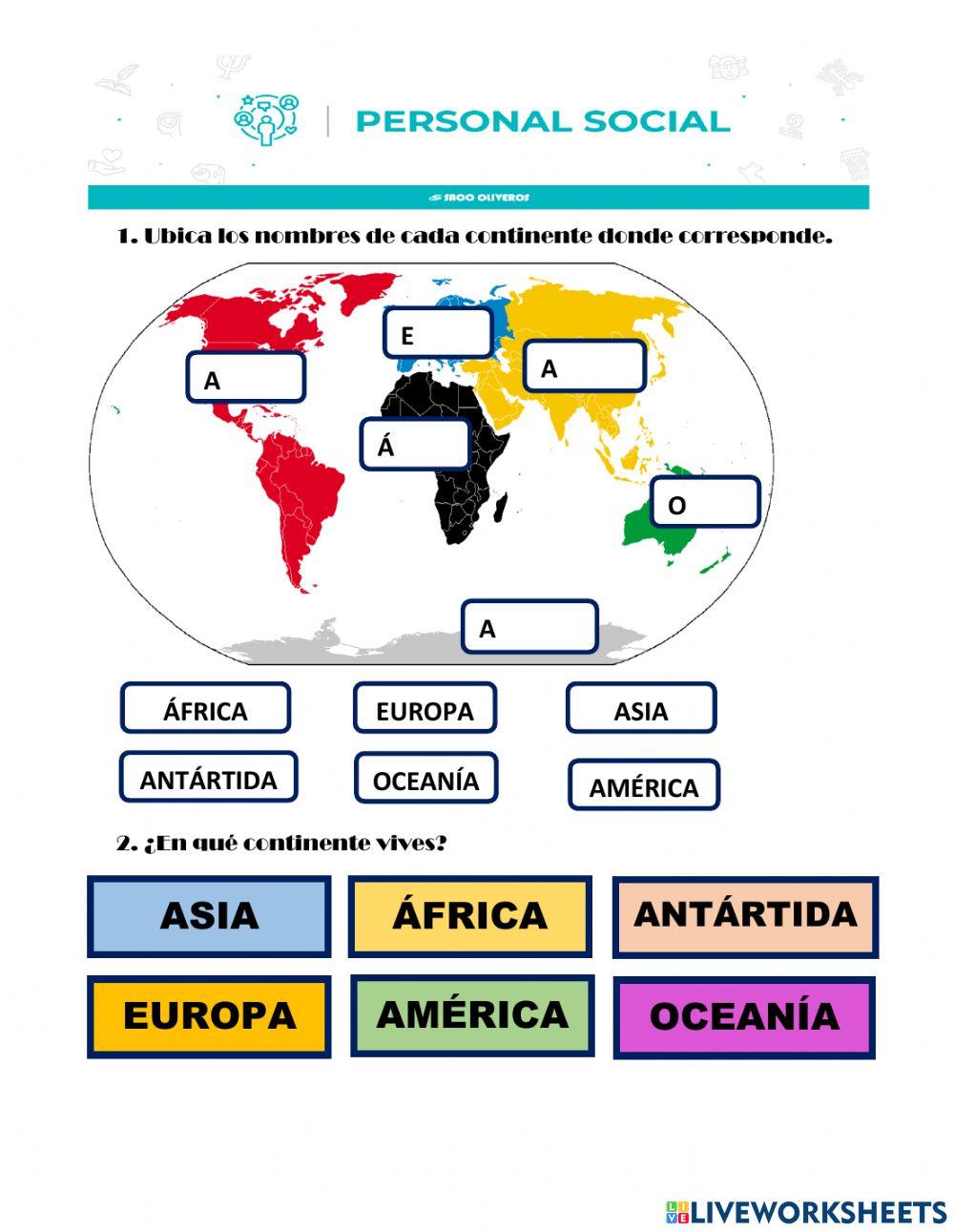 Los continentes interactive worksheet for 2do | Live Worksheets