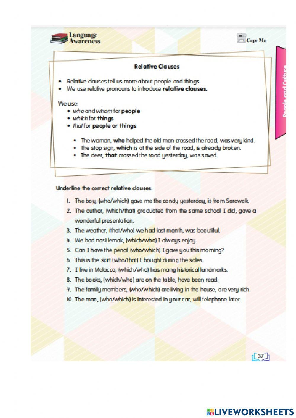 Relative Clauses online exercise for 1 | Live Worksheets