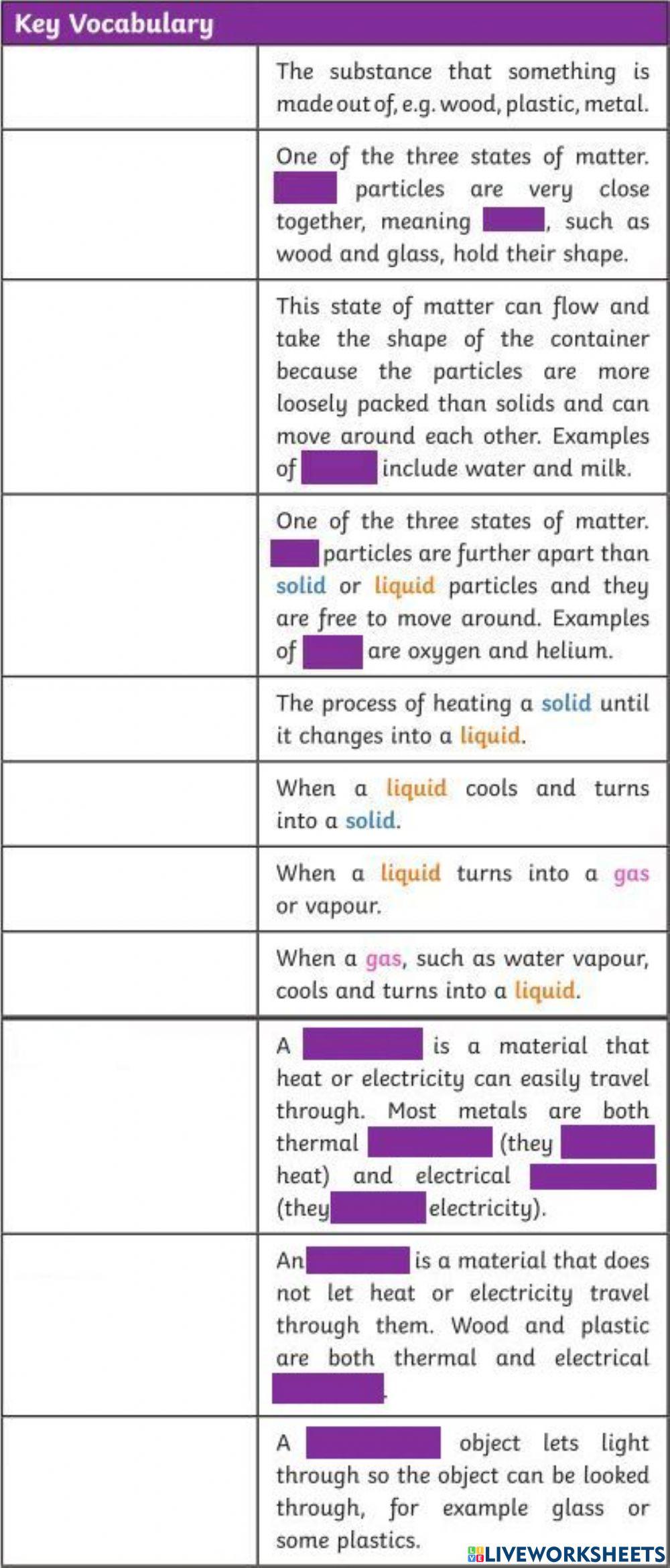 Change of Materials definitions worksheet | Live Worksheets