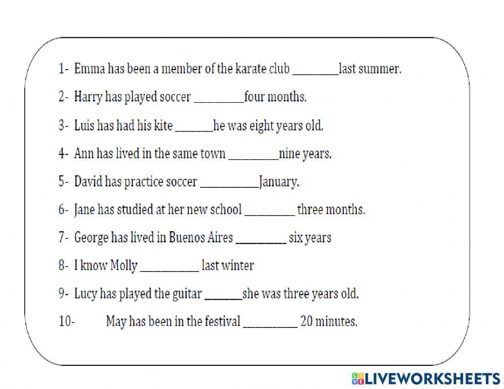 Since or for | Free Interactive Worksheets | 999549